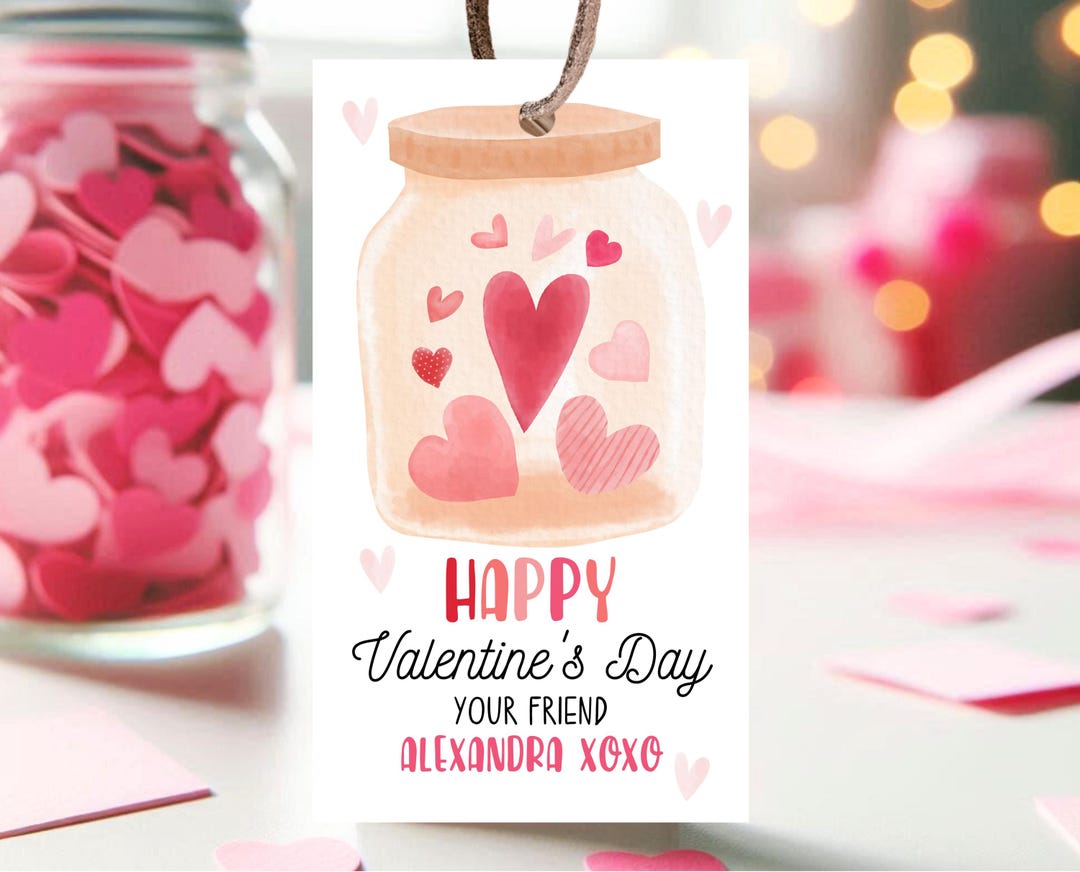 Editable Valentine's Day Gift Tag, Jar of Hearts Valentine's Gift Tag ...