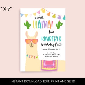 Editable Colourful Llama Birthday Invitation Llama Fiesta - Etsy