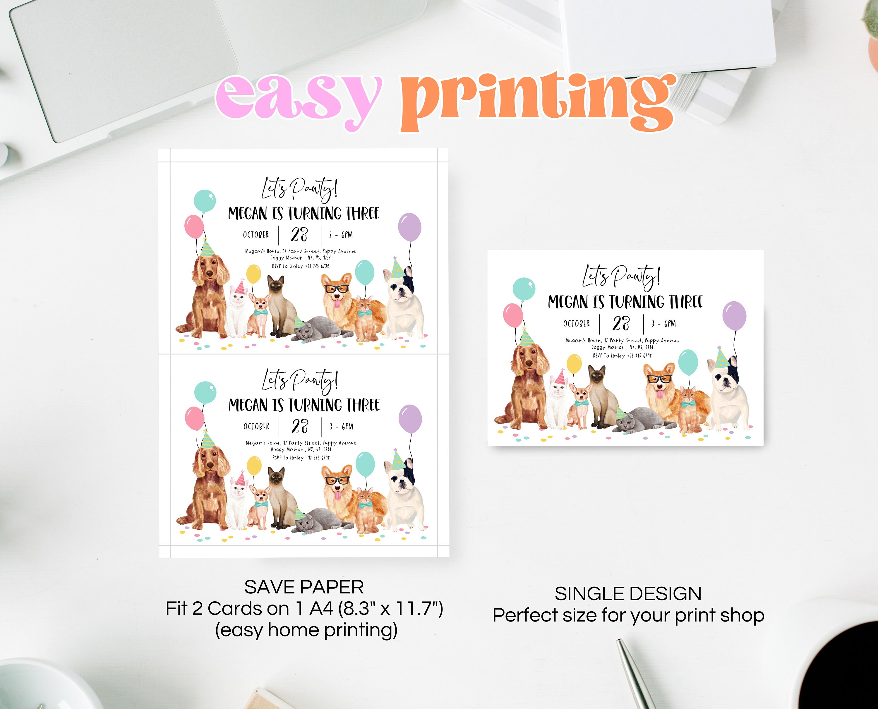 Editable Dog and Cat Birthday Party Invitation, Puppy Birthday ...