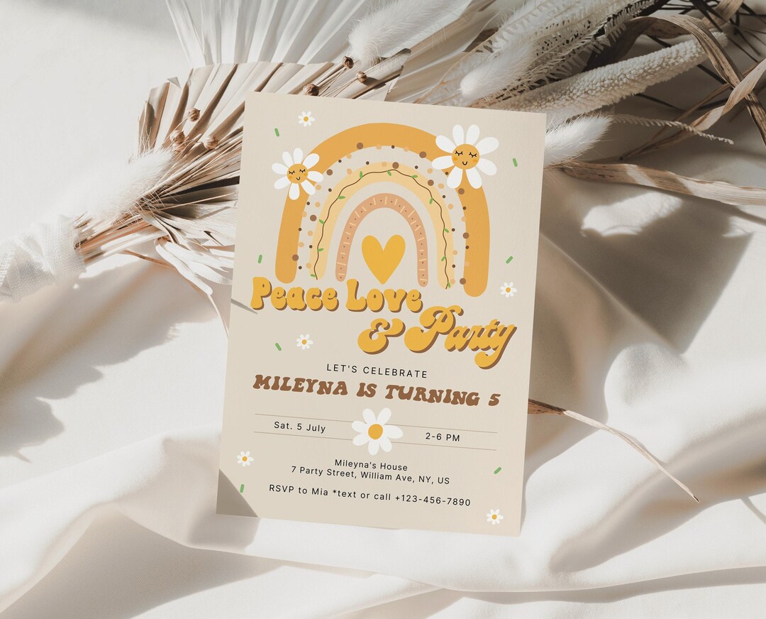 Editable Groovy Rainbow Birthday Invitation, Hippie Retro 70's Vibe ...