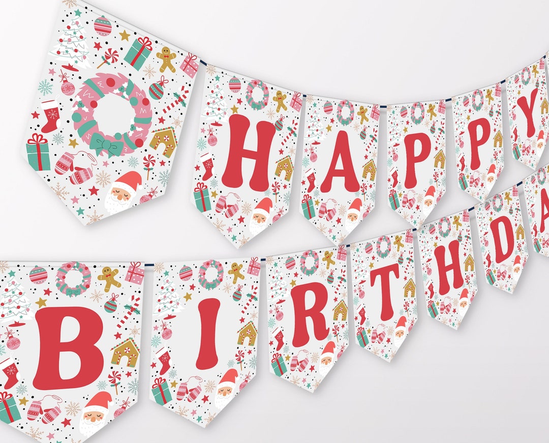 Editable Christmas Happy Birthday Banner Template, Red and Pink Happy ...