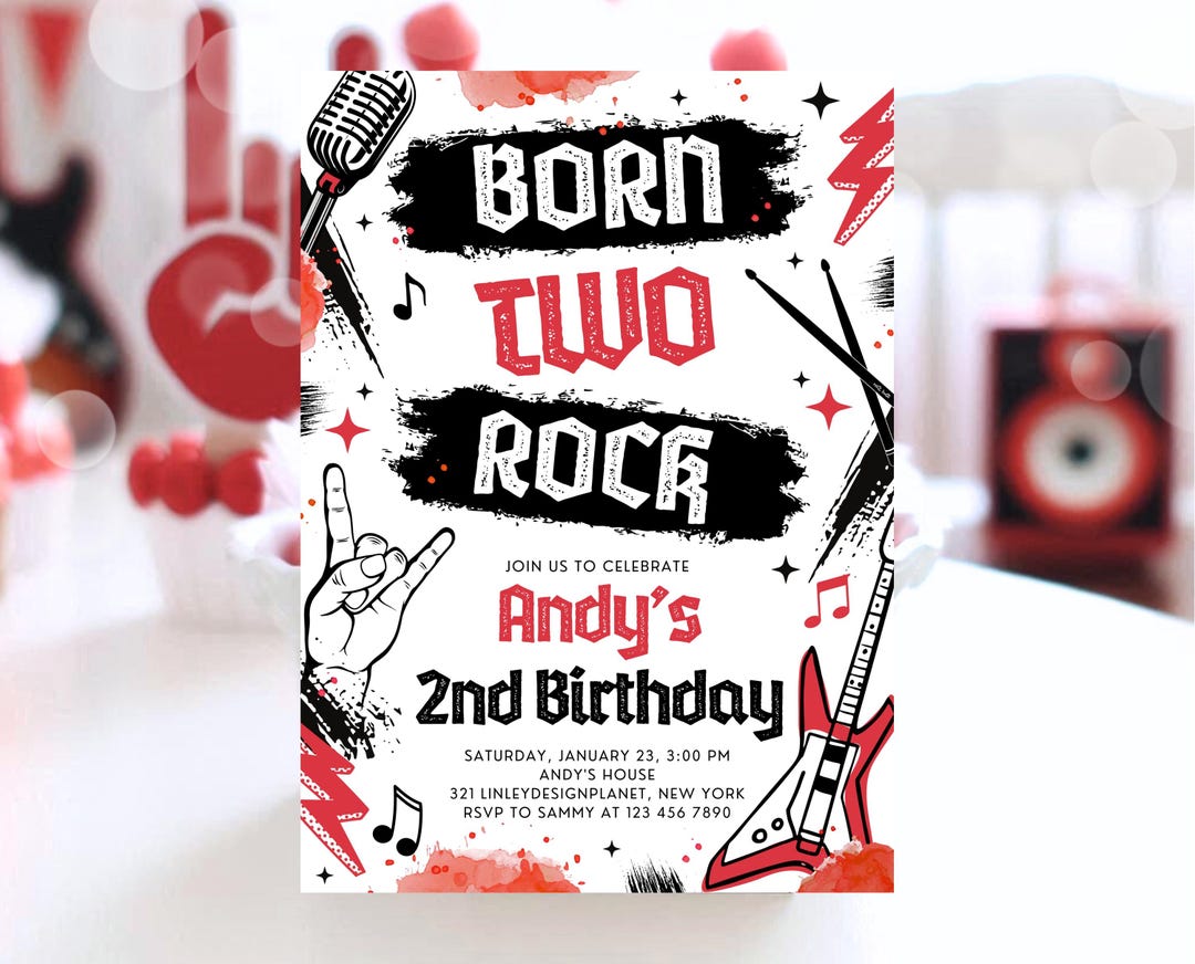Editable Born Two Rock 2nd Birthday Party Invitation, Boy Rock and Roll ...