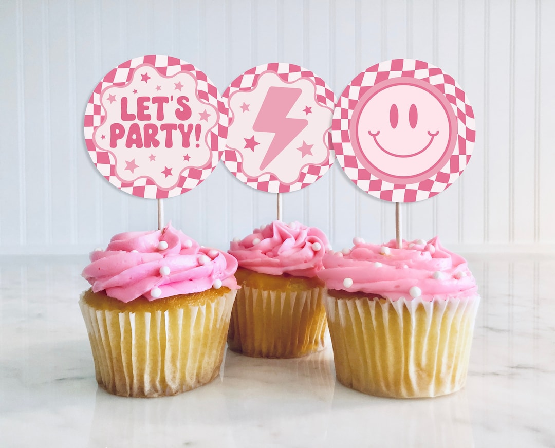 Editable Retro Smiley Birthday Cupcake Toppers, Preppy Smile Theme ...