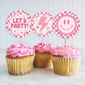 Editable Retro Smiley Birthday Cupcake Toppers, Preppy Smile Theme ...
