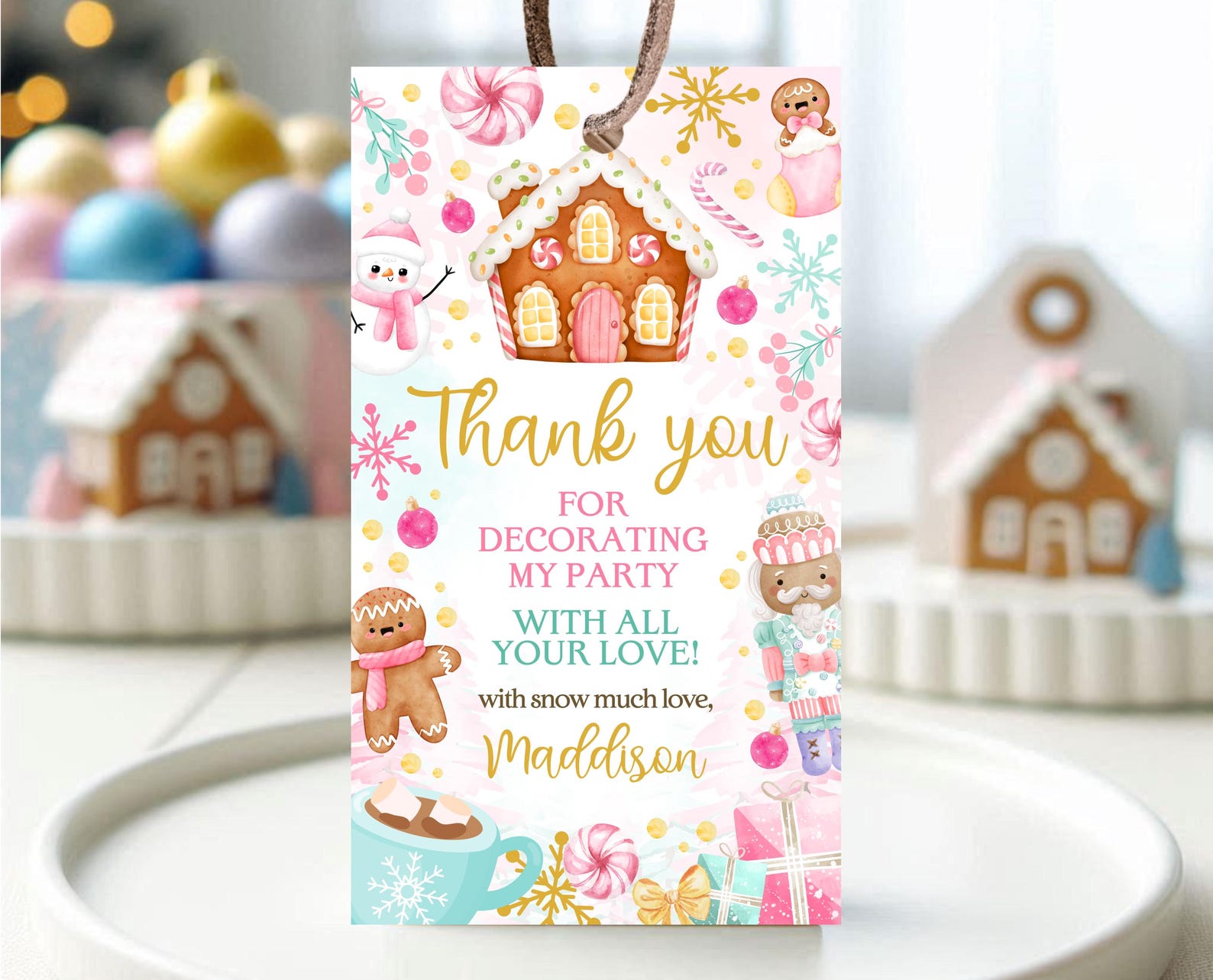 Editable Pink Christmas Gingerbread House Favor Tag, Printable ...