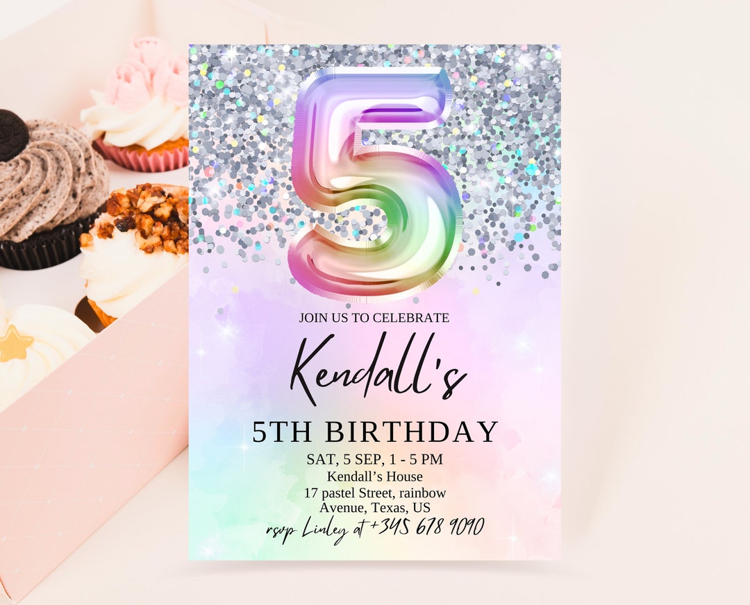 Editable Pastel Rainbow 5th Birthday Invitation Template, Birthday ...
