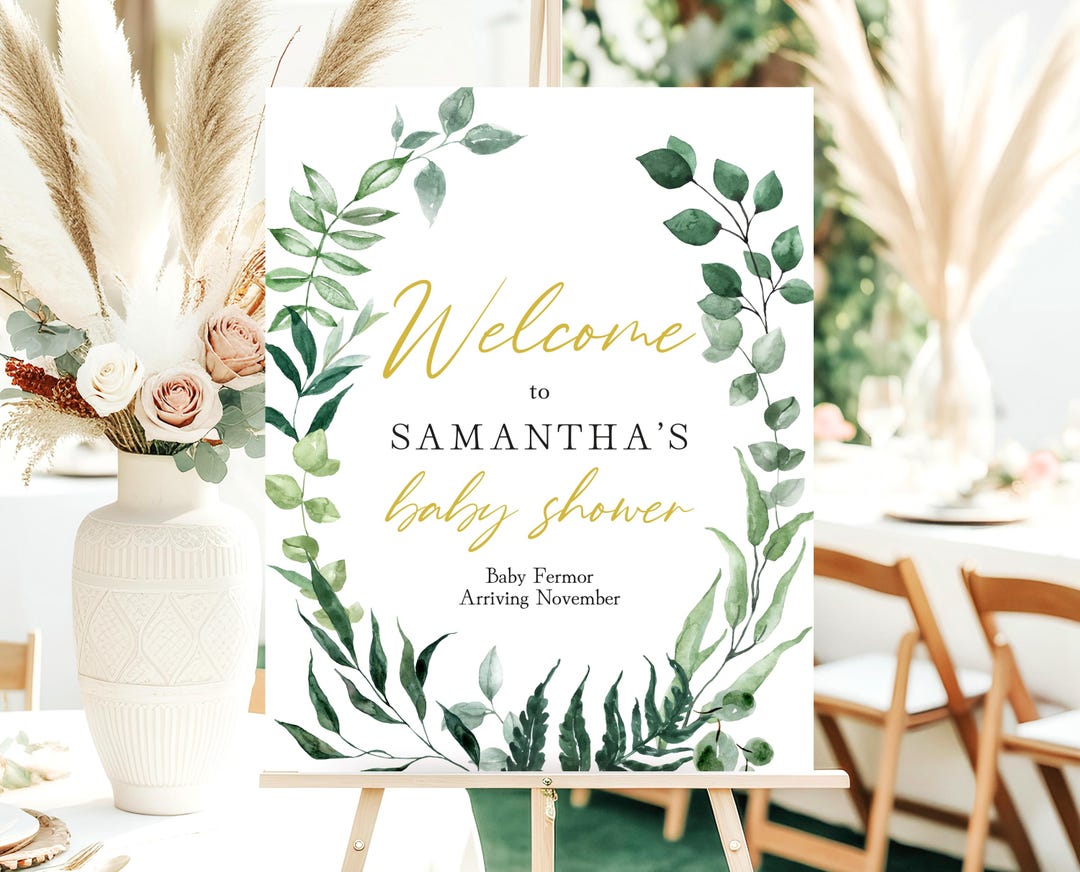 Editable Greenery Baby Shower Welcome Sign, Green Leafs Baby Shower ...