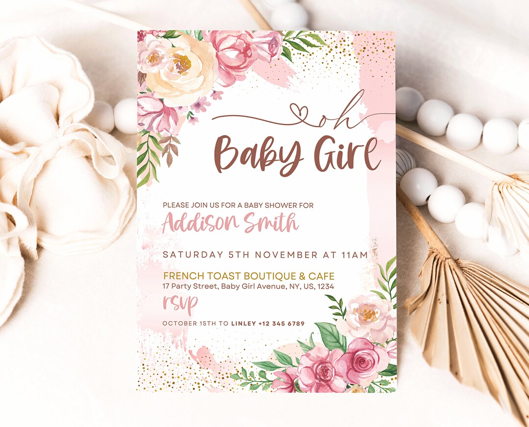 Editable Rose Themed Baby Shower Invitation, Pink Floral Baby Shower ...