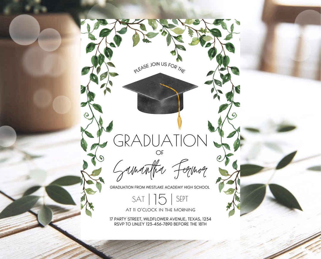 Greenery Graduation Invitation Template: Modern Leaf Design (digital ...