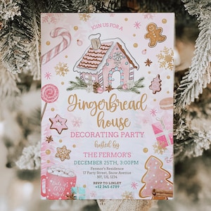 Editable Christmas Gingerbread House Decorating Party Invitation Pink ...
