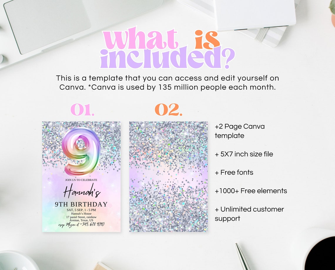 Editable Pastel Rainbow 9th Birthday Invitation Template, Birthday ...