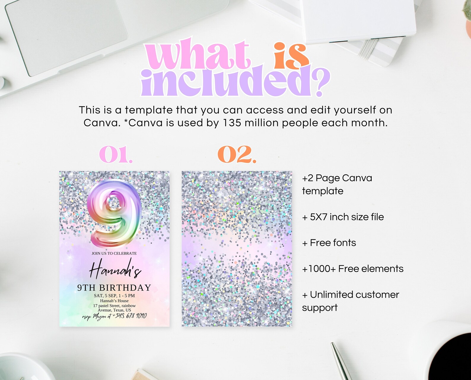 Editable Pastel Rainbow 9th Birthday Invitation Template, Birthday ...