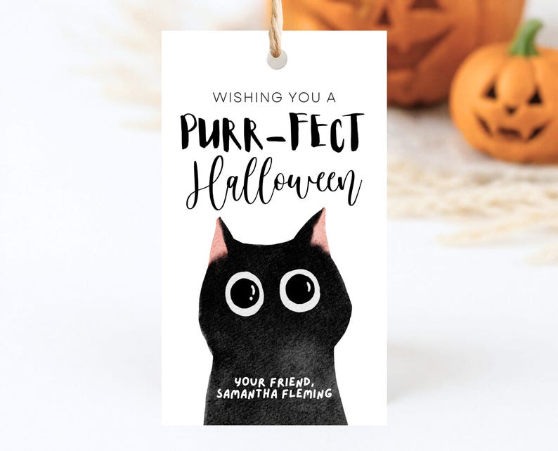 Black Cat Halloween Gift Tag Printable Purr Fect Halloween Treat Bag ...