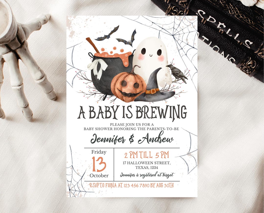 Editable A Baby is Brewing Halloween Invitation, Gender Neutral ...