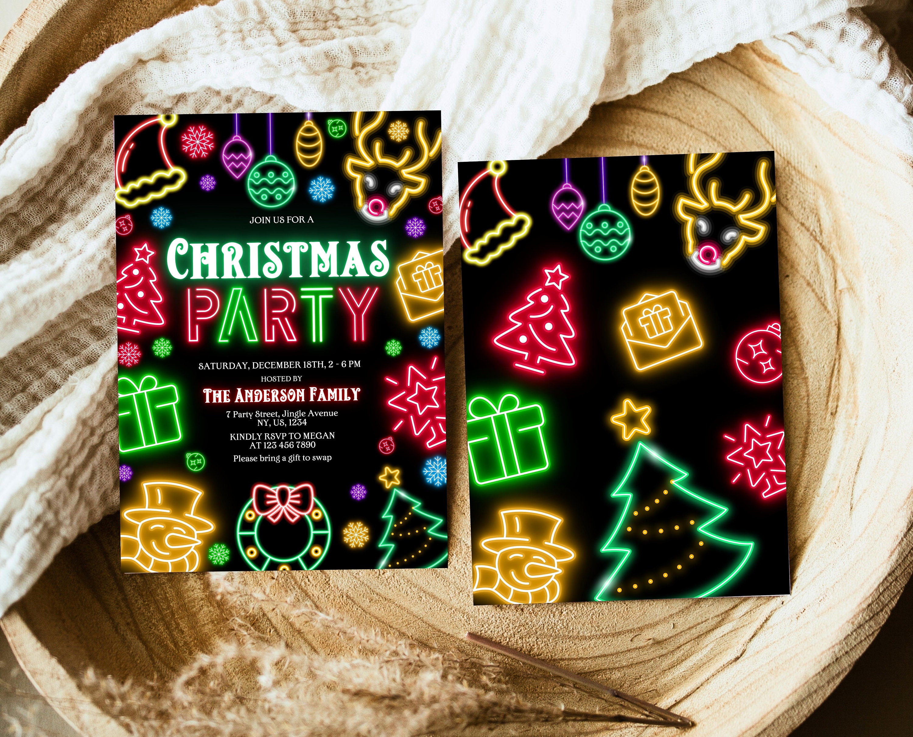 Editable Neon Christmas Party Invitation Template, Neon Christmas Party ...