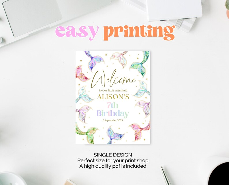 Editable Mermaid Tail Birthday Welcome Sign: Pastel Rainbow (16x20 Inch ...