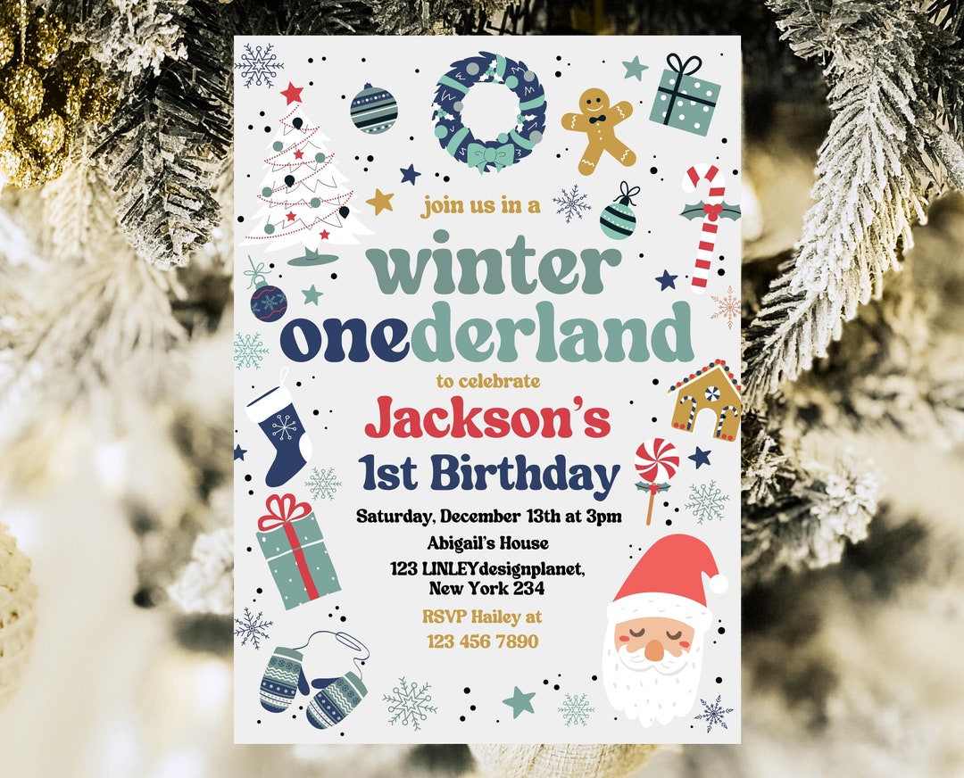 Editable First Christmas Birthday Invitation Template, Christmas Blue ...