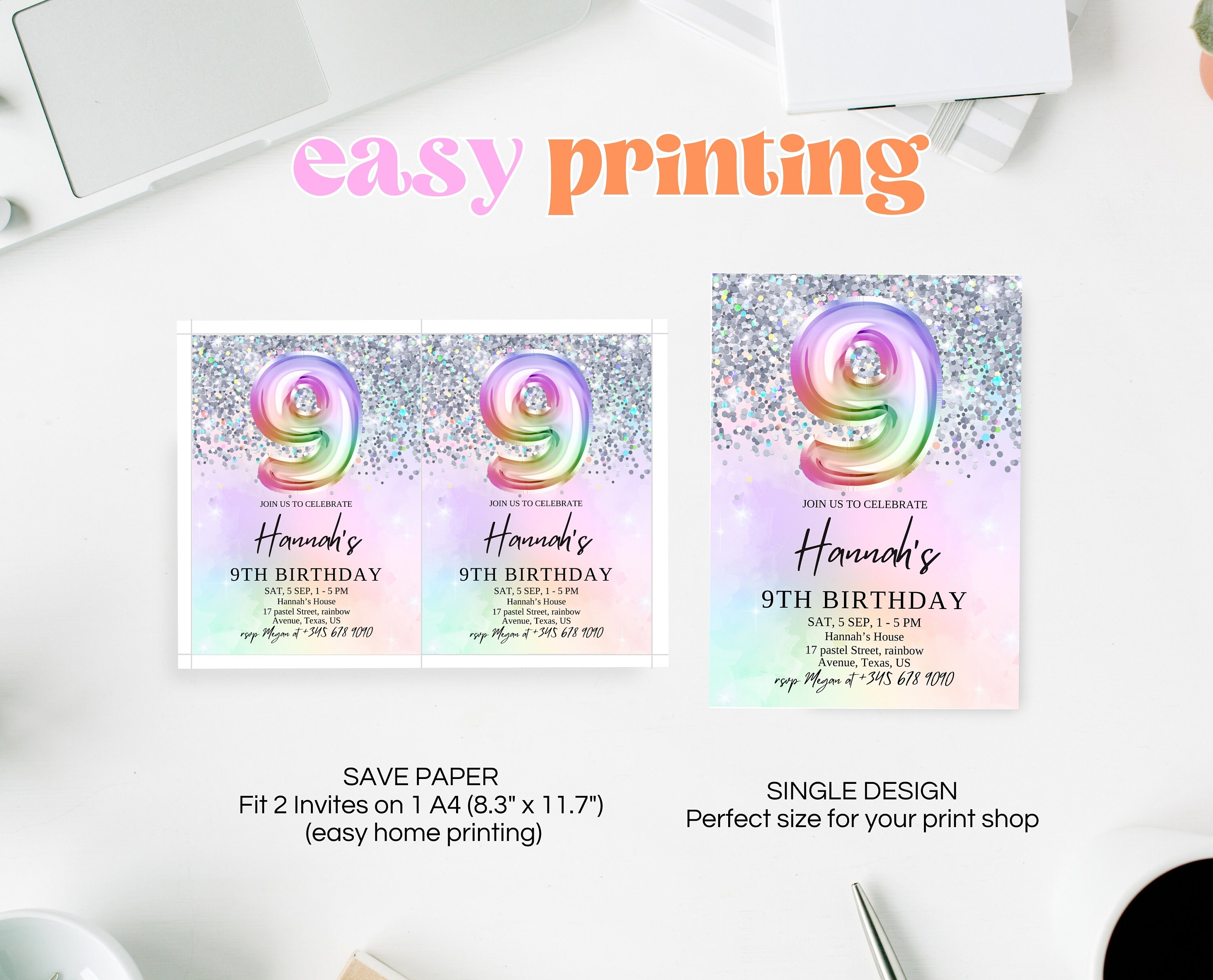 Editable Pastel Rainbow 9th Birthday Invitation Template, Birthday ...