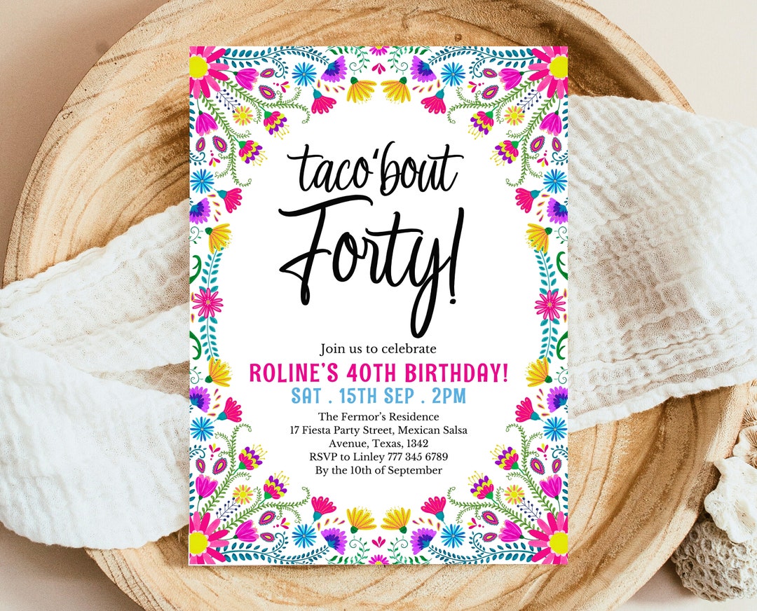 Editable Taco'bout Forty Fiesta Birthday Invitation, Mexican Theme ...