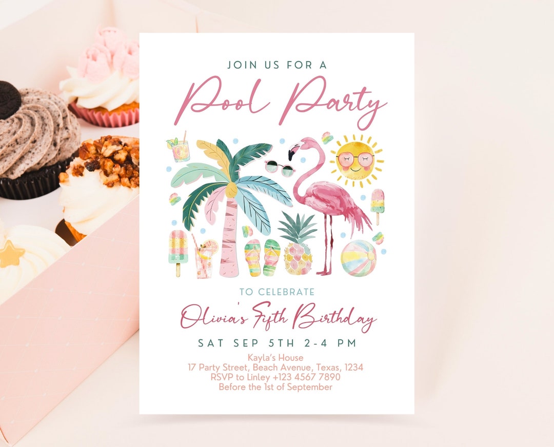 Editable Pool Party Invitation, Girl Pool Birthday Party, Pastel Invite ...