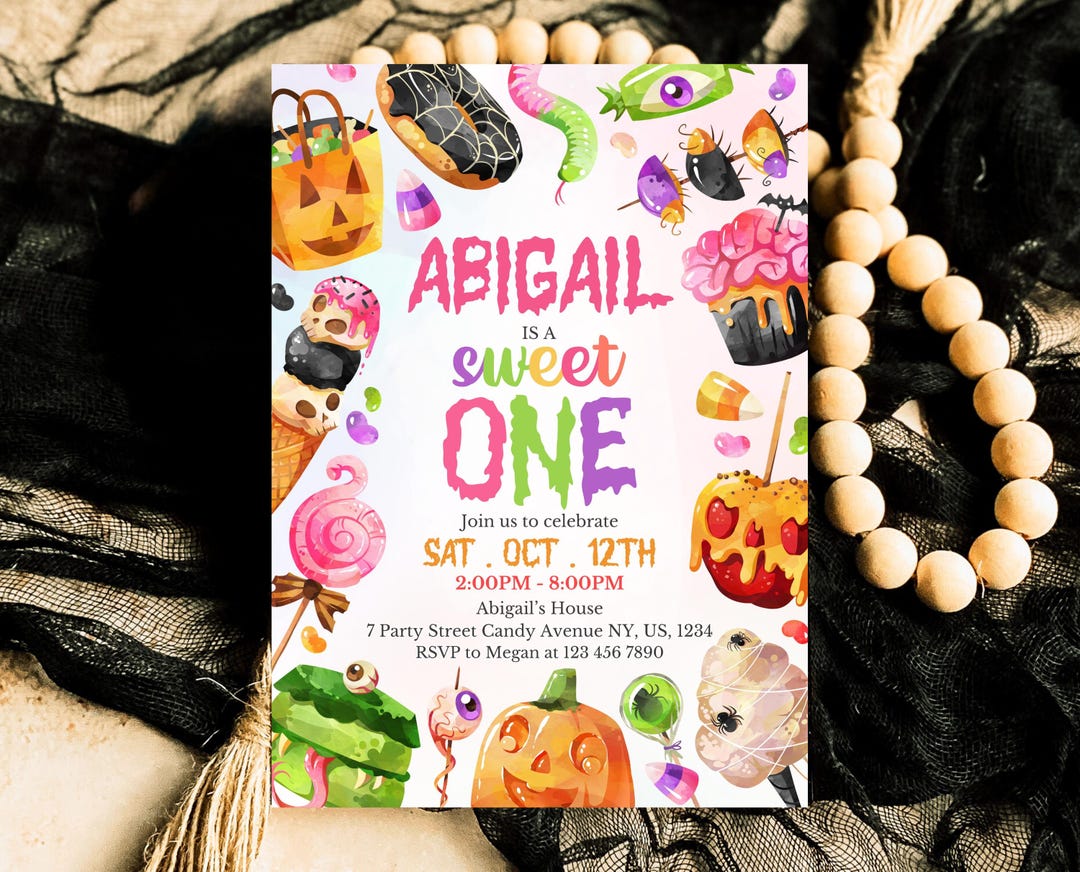 Editable Halloween Sweet One Birthday Invitation, Halloween Candy First ...