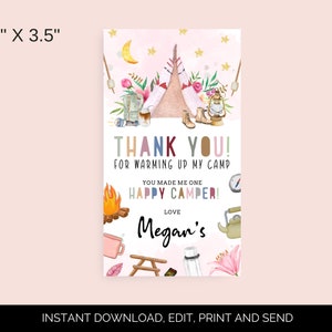 Editable Girl Camp Party Favor Tag Camp Out Birthday Thank You Outdoor ...