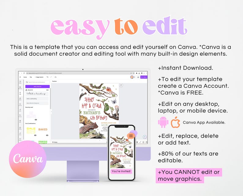 Editable Reptile Birthday Invitation: Snake, Lizard, Crawly Theme ...