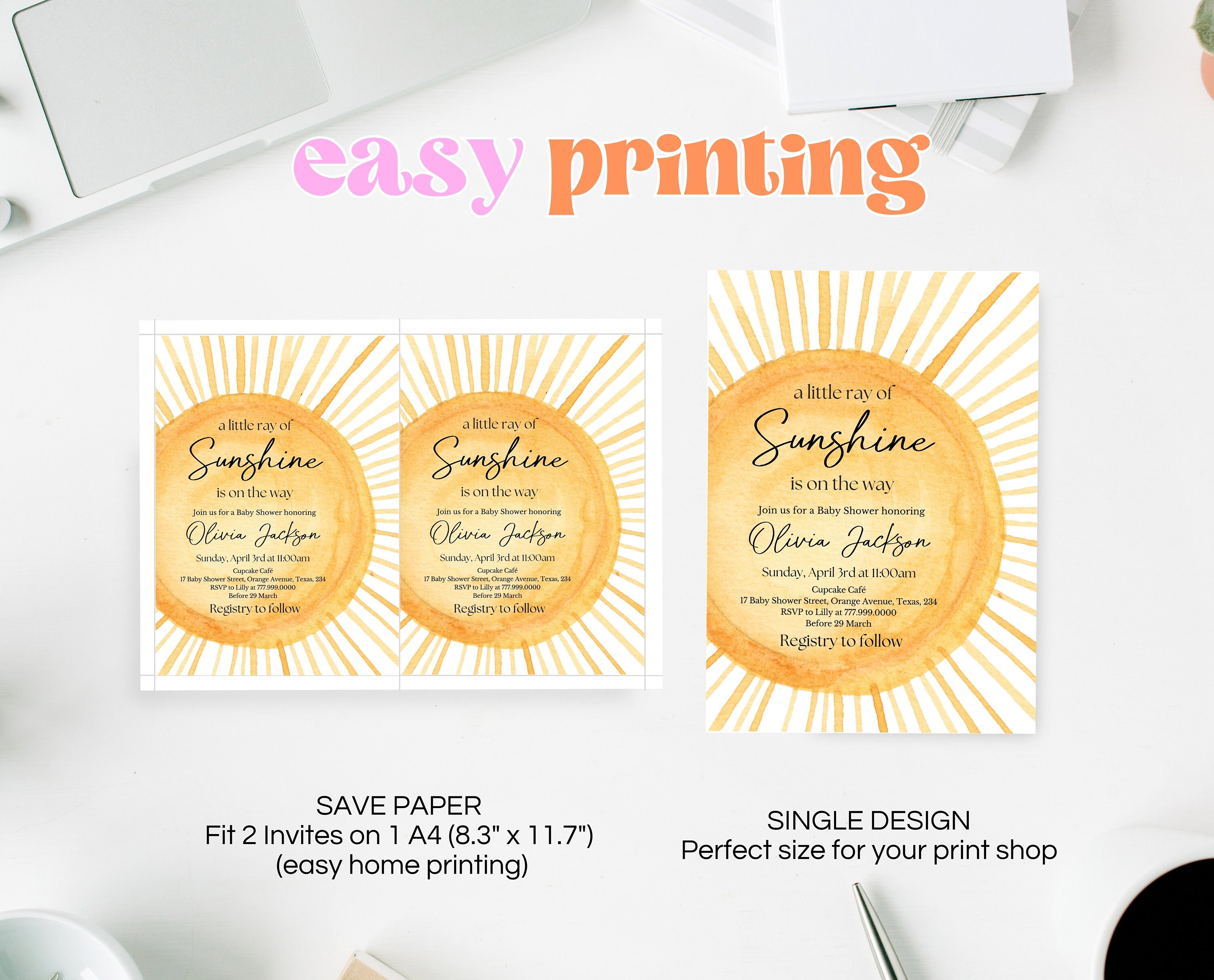 Editable Sunshine Baby Shower Invitation, A Little Ray of Sunshine Baby ...
