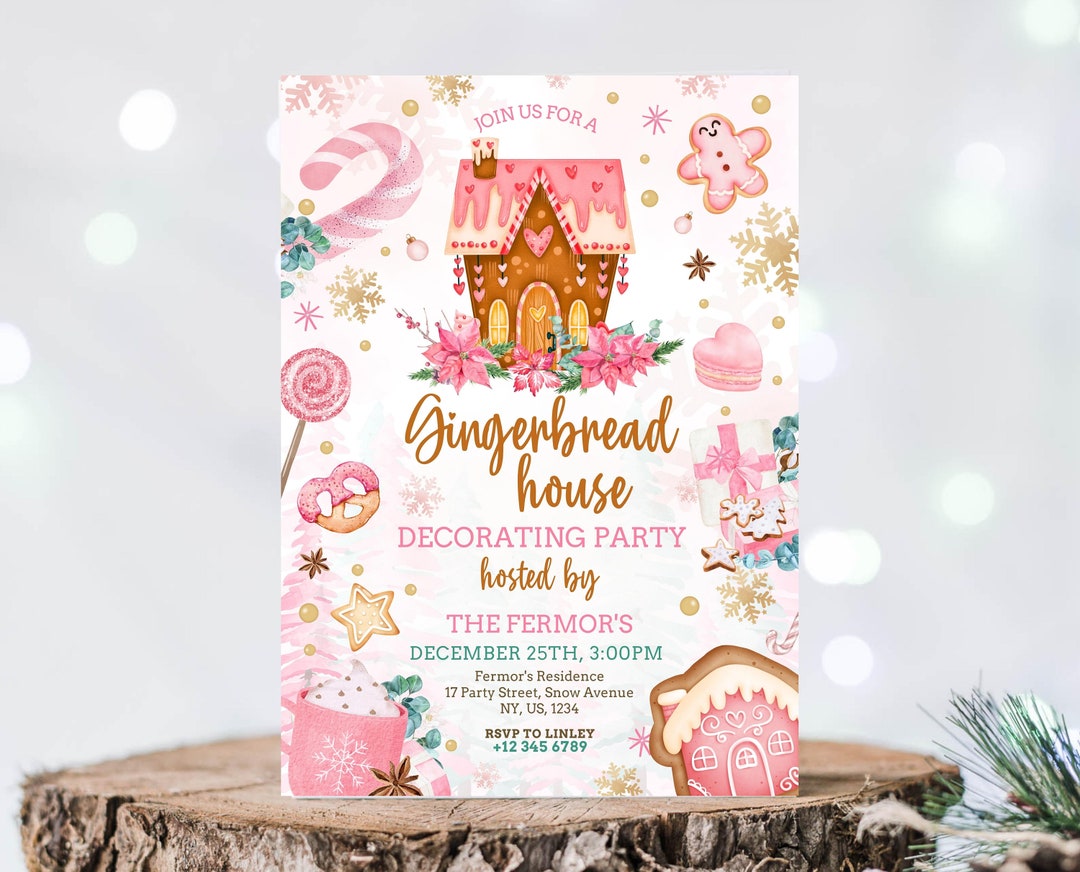 Gingerbread House Decorating Invitation Template, Pink Christmas Party ...