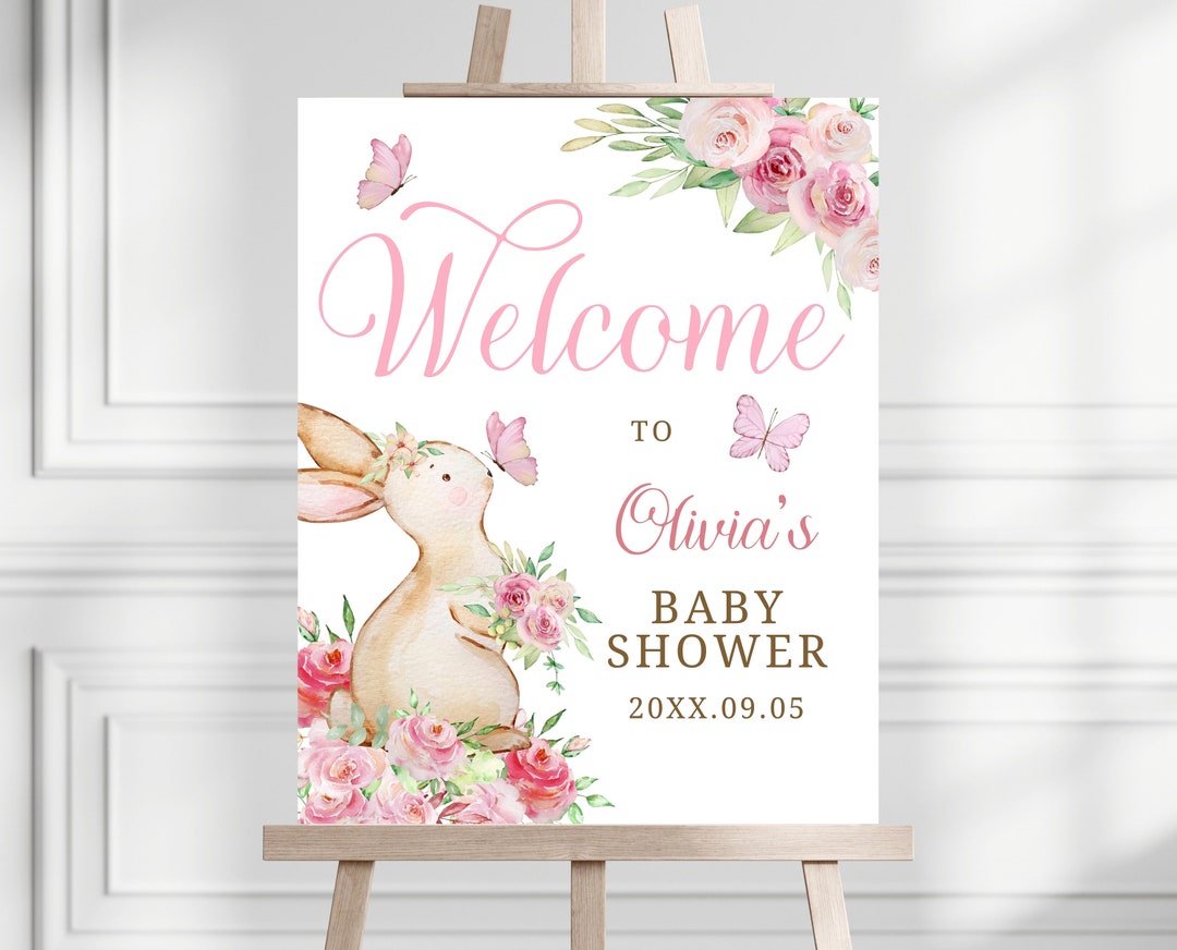 Editable A Little Bunny Baby Shower Welcome Sign, Floral Rabbit Baby ...