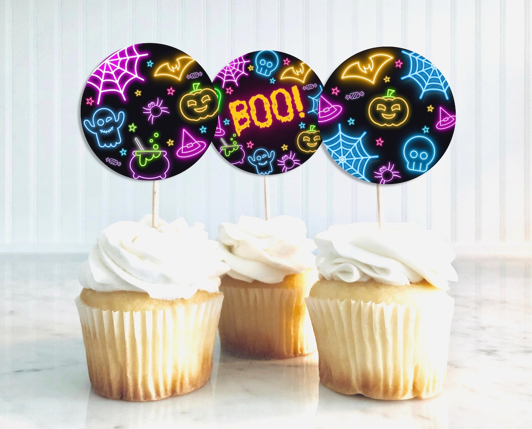Neon Halloween Birthday Cupcake Toppers Spooky Halloween - Etsy