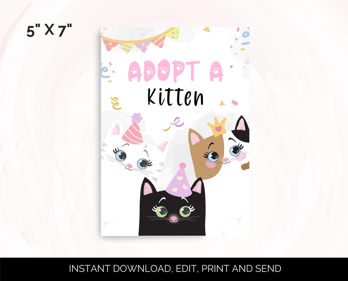 Editable Adopt A Kitten Birthday Sign Cat Birthday Table - Etsy