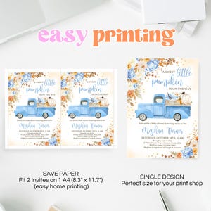 Editable Blue Pumpkin Truck Baby Shower Invitation, A Little Pumpkin is ...