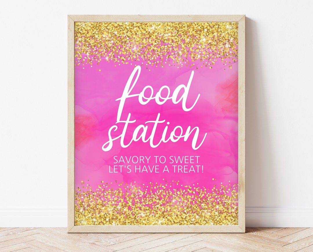 Food Station Sign Pink Glitter Birthday, Glitter Birthday Food Station ...
