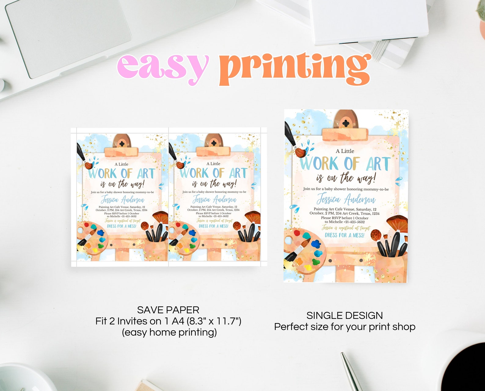 Editable Blue Art Baby Shower Invitation, Blue and Gold Painting Theme ...