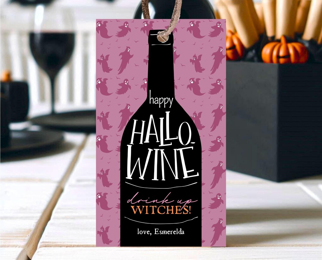 Editable Halloween Wine Gift Tag, Spooky Wine Favor Tag, Hallo-wine Tag ...