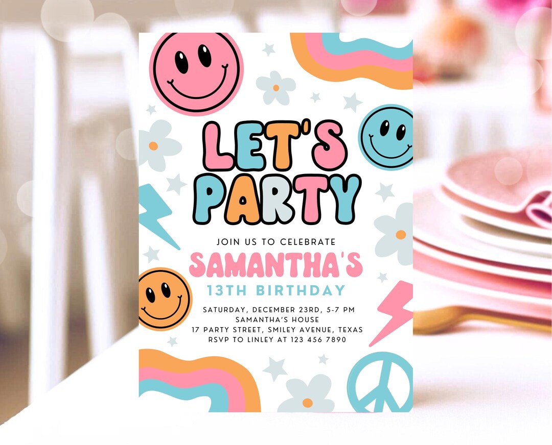 Editable Smiley Face Birthday Invitation, Retro Smiley Birthday Party ...