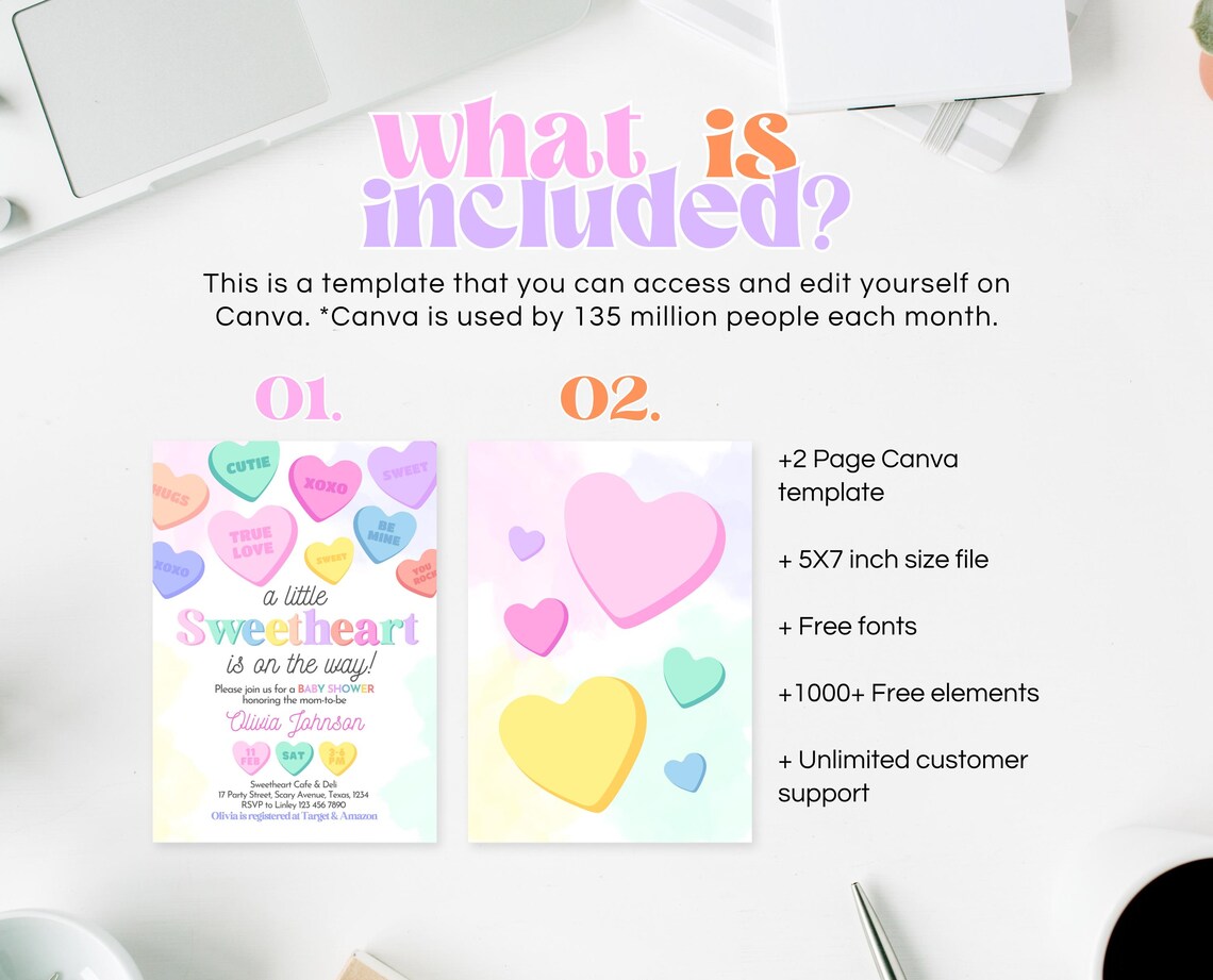 Editable Sweetheart Baby Shower Invitation, Conversation Hearts Theme ...