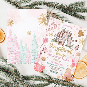 Editable Christmas Gingerbread House Decorating Party Invitation Pink ...