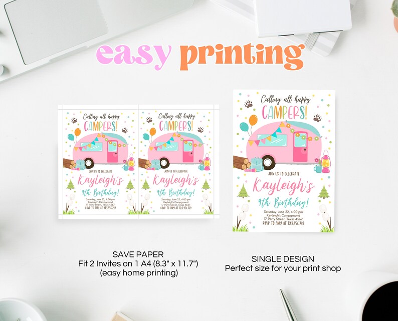 Editable Camping Birthday Invitation, Camping Party Invitation, Girly ...