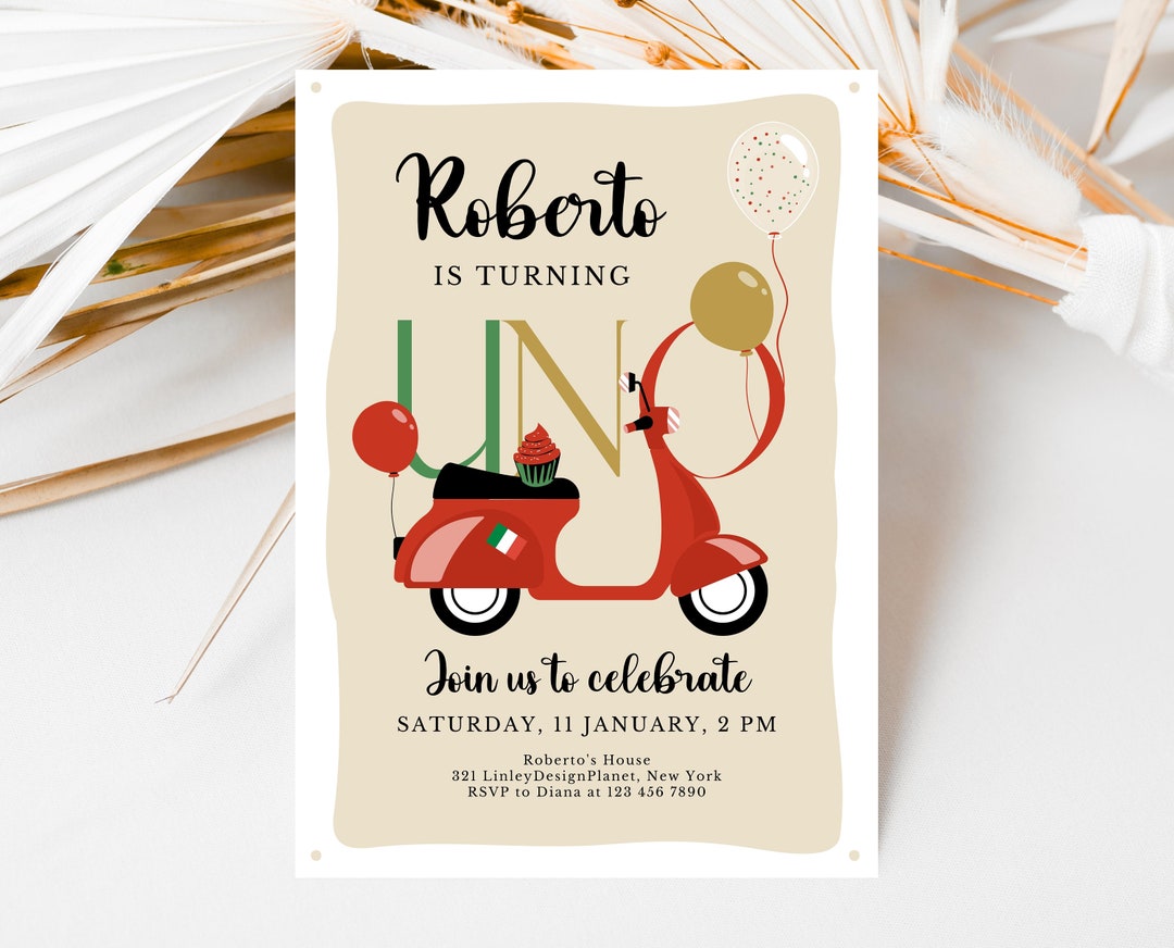 Editable Scooter Uno Birthday Invitation, Italian Themed Birthday Party ...