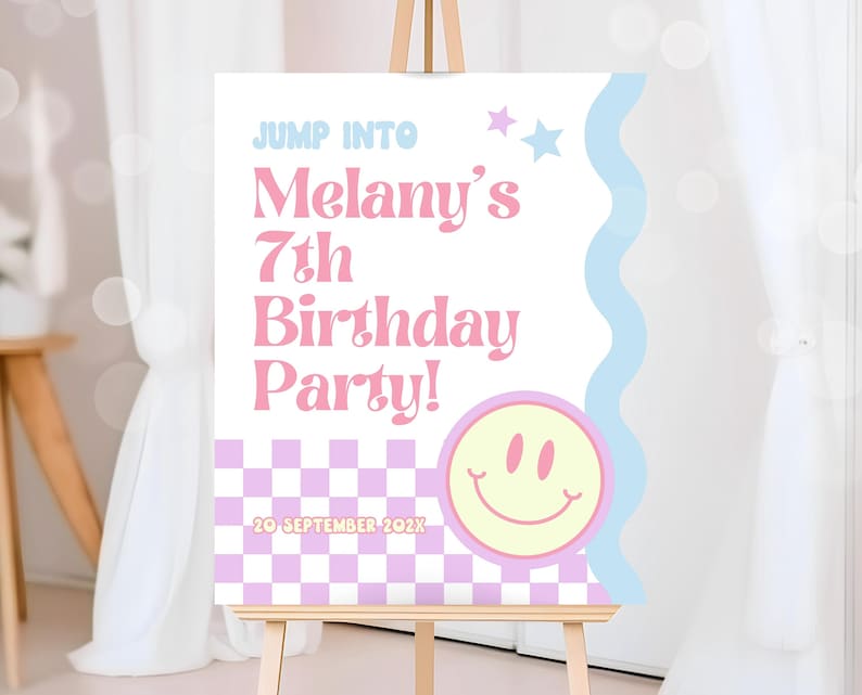 Editable Retro Smiley Birthday Welcome Sign: Pink Checkered Theme ...