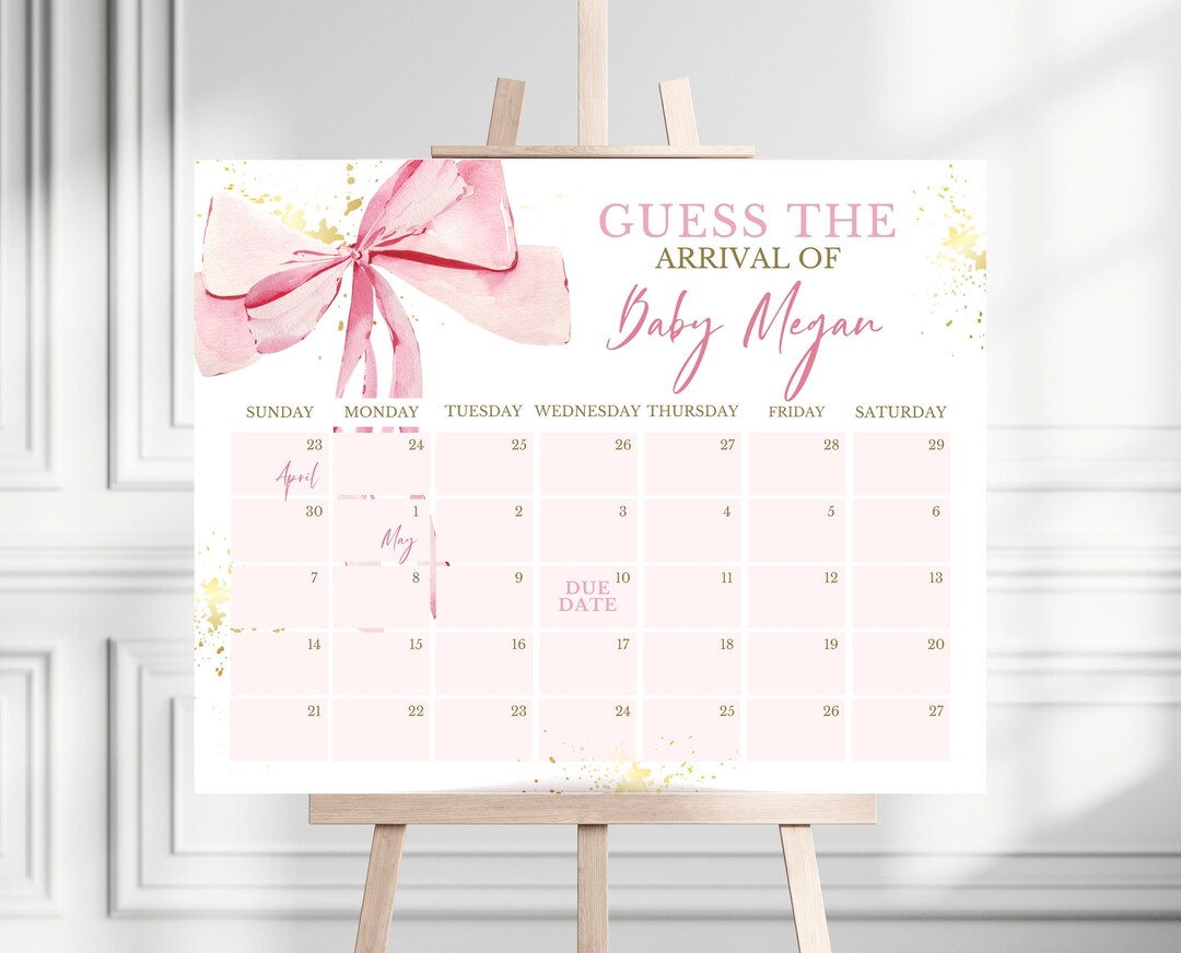 Pink Bow Baby Shower Due Date Calendar Sign (editable Canva Template ...