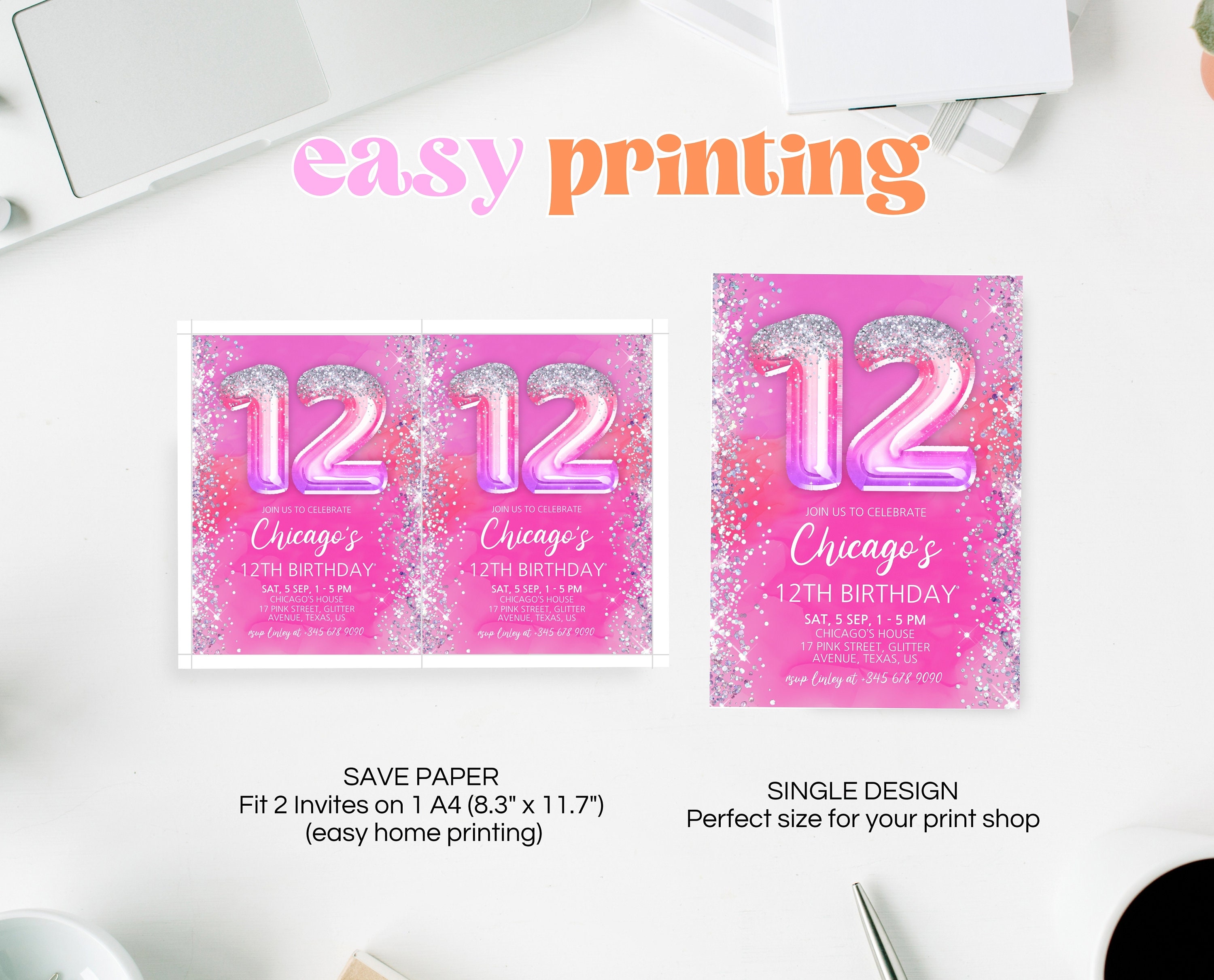 Editable Pink 12th Birthday Invitation Template, Glitter Birthday ...