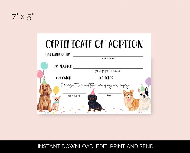 Editable Pet Adoption Certificate Puppy Birthday Adoption - Etsy