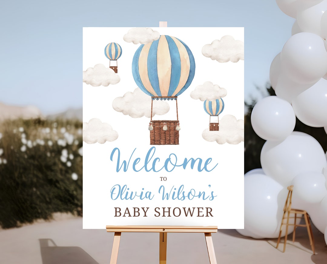 Editable Blue Hot Air Balloon Baby Shower Welcome Sign, Adventure ...