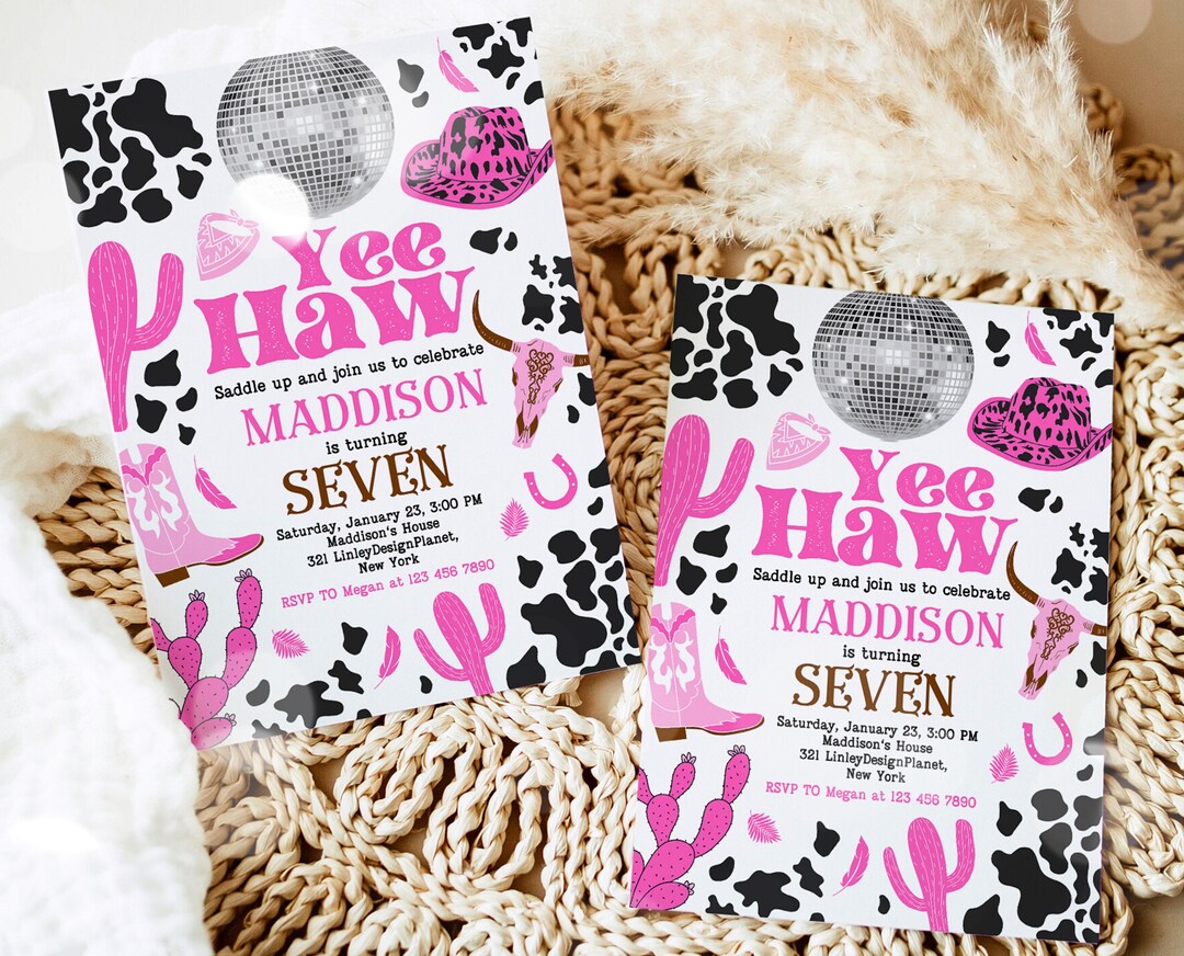 Editable Disco Cowgirl Birthday Party Invitation, Pink Disco Cowgirl ...