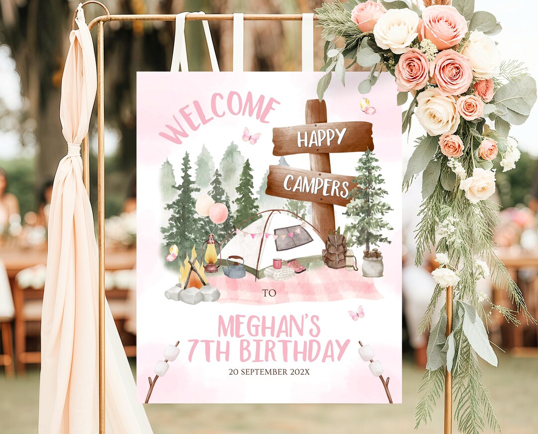 Editable Girl Camping Welcome Sign, Pink Camp Adult Birthday, Girl ...
