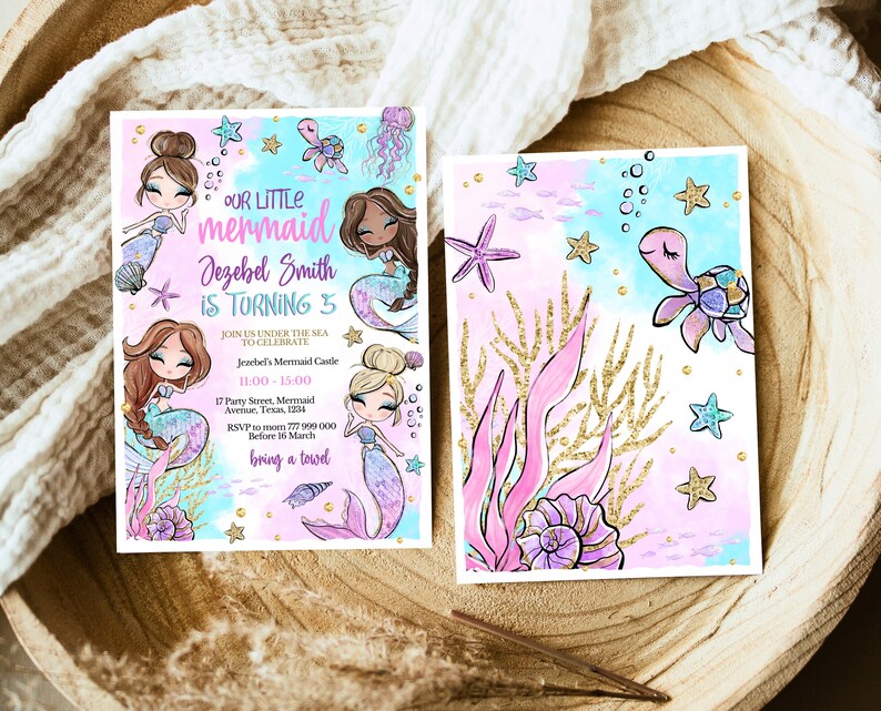 Editable Mermaid Birthday Invitation, Pink Mermaid Invite, Under the ...