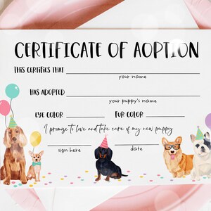 Editable Pet Adoption Certificate Puppy Birthday Adoption - Etsy